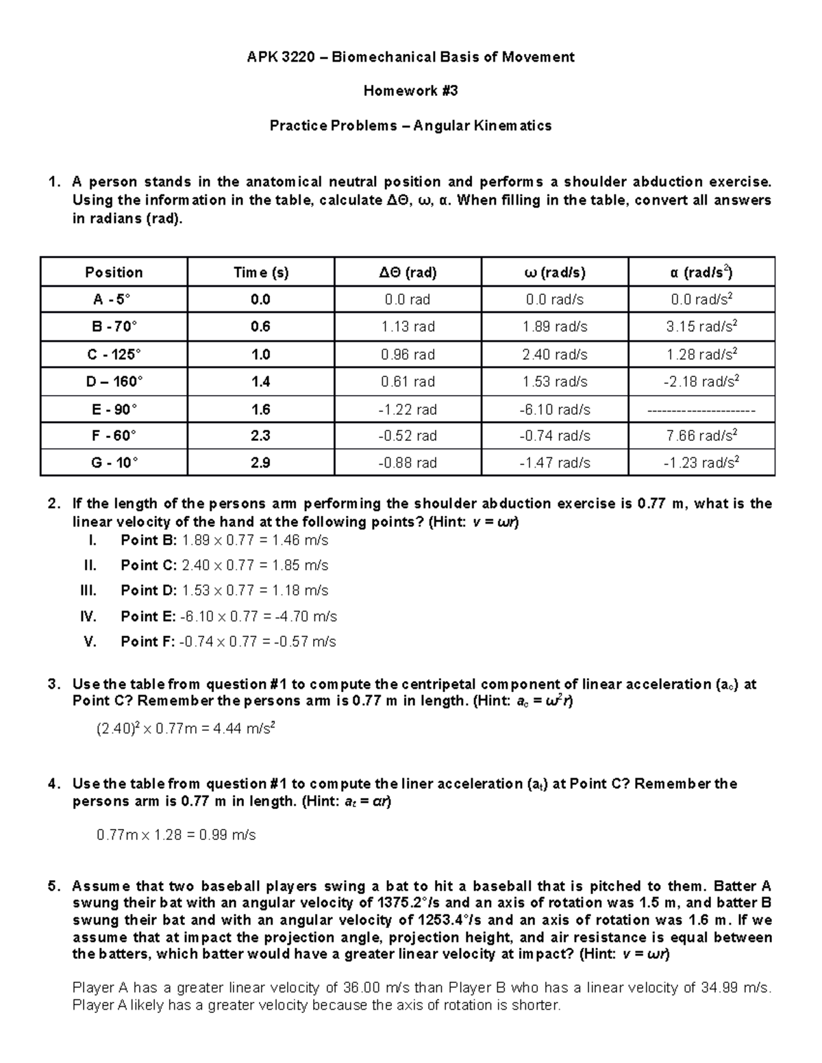 Angular Kinematics - Homework 3 - APK 3220 – Biomechanical Basis of ...