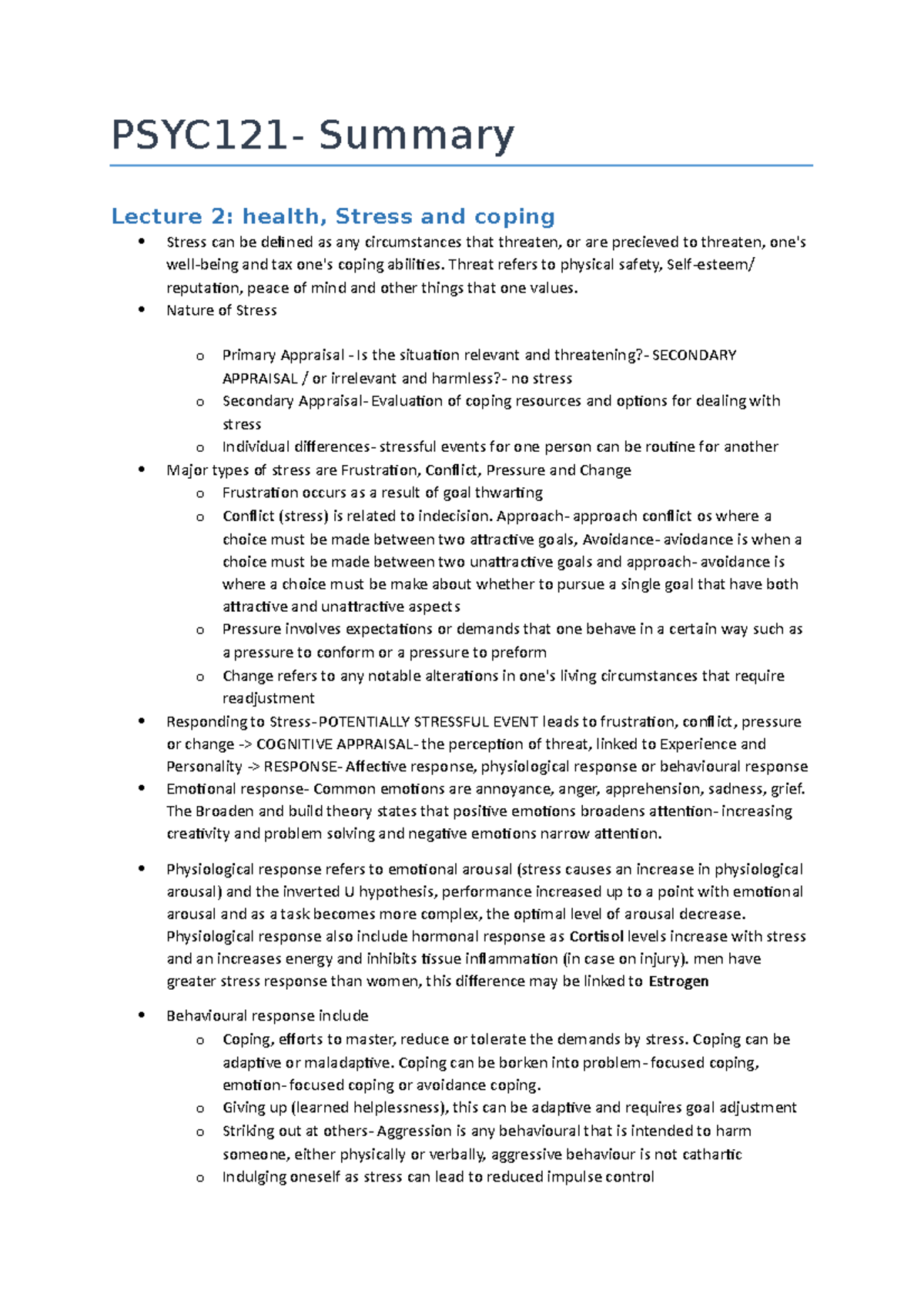 PSYC121- Summary - Lecture notes 1-14 - Summary Lecture 2: health ...
