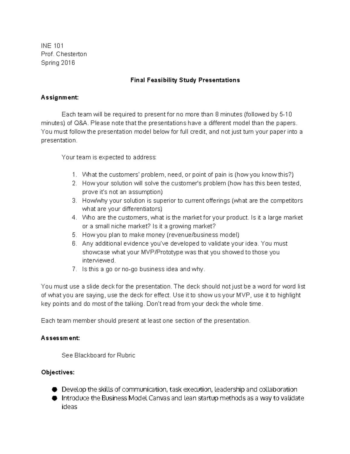 Final Feasibility Study Presentations-Spring 2016 - INE 101 Prof ...