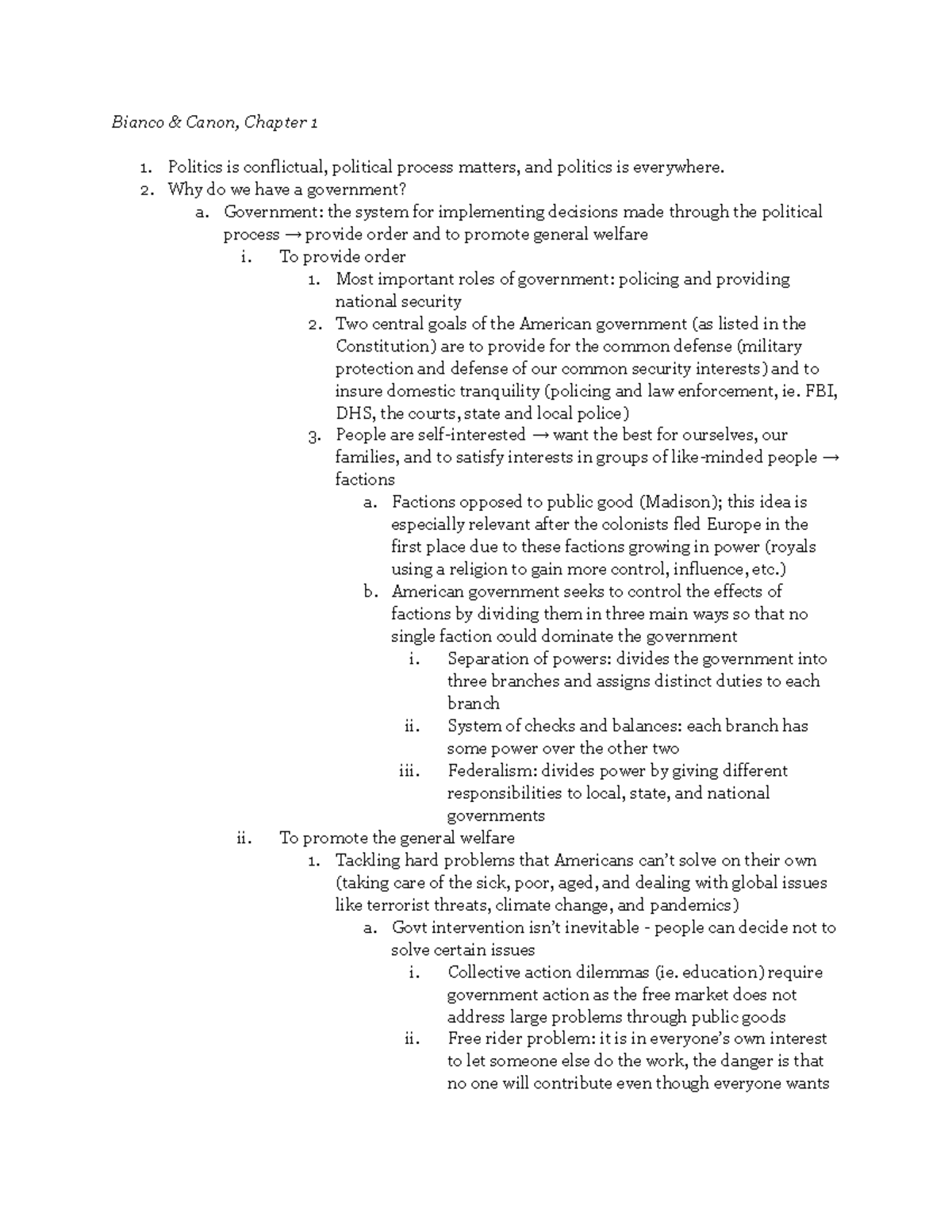 POSC100g Notes Bianco & Canon - Bianco & Canon, Chapter 1 1. Politics ...