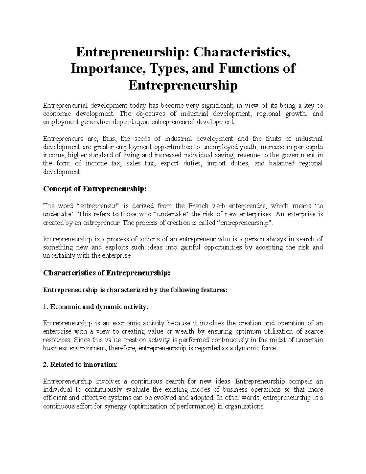 Entepreneurship 1 - Entrepreneurship: Characteristics, Importance ...