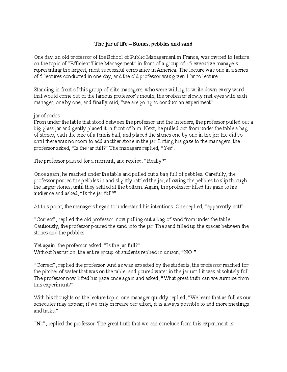 Time management - The jar of life – Stones, pebbles and sand One day ...