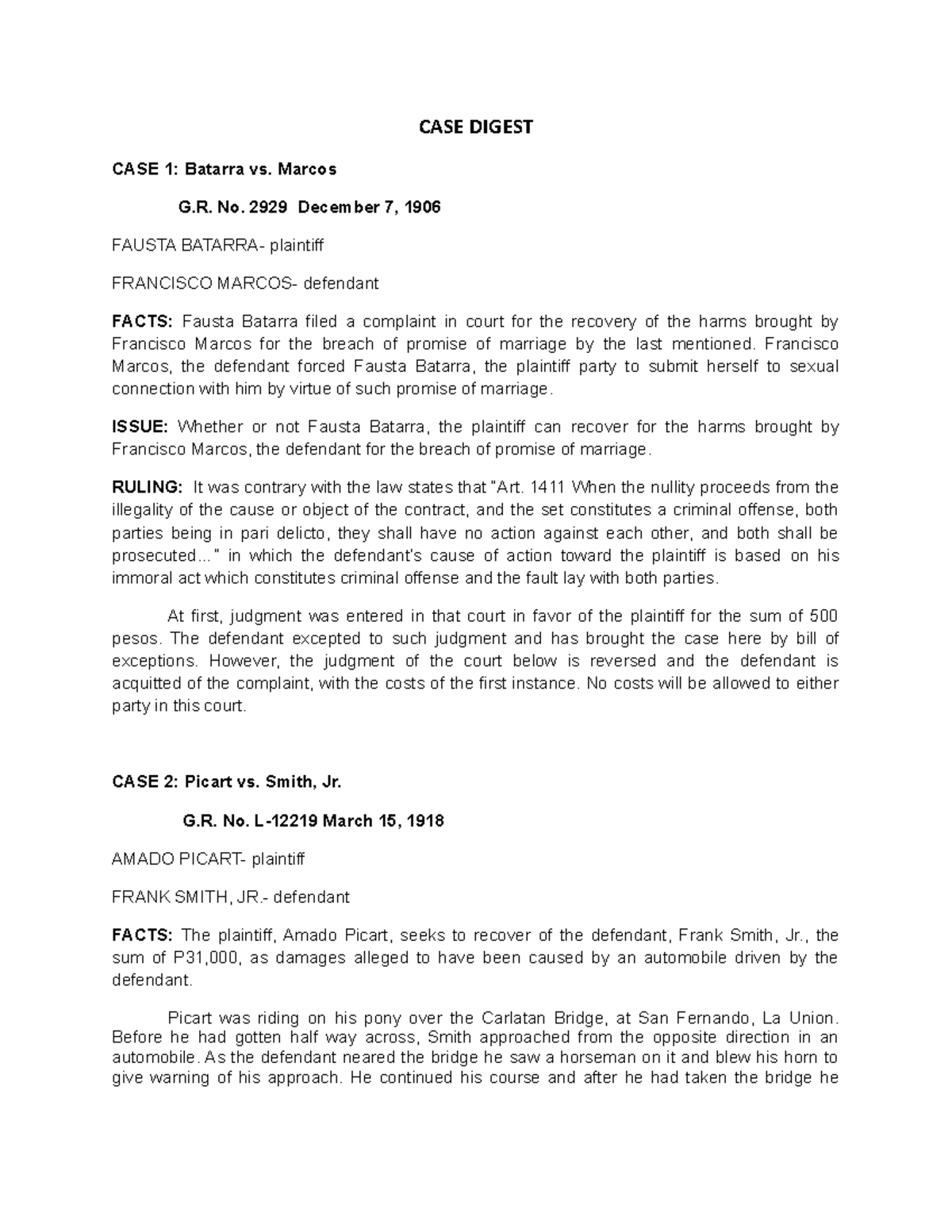 CASE Digest - Obligation in Contracts - CASE DIGEST CASE 1: Batarra vs ...