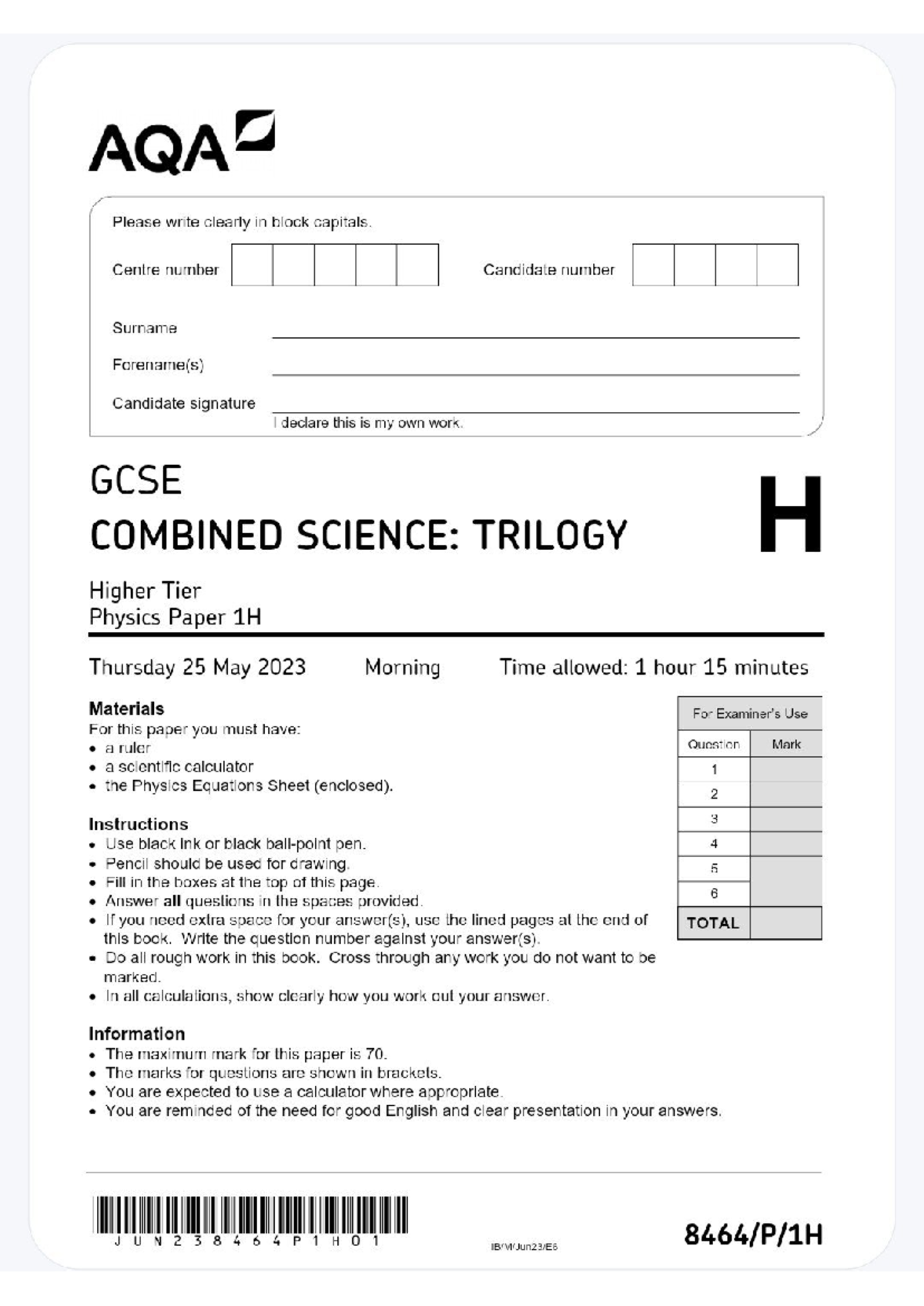 AQA GCSE Combined science physics - AQA Please write clearly in block ...