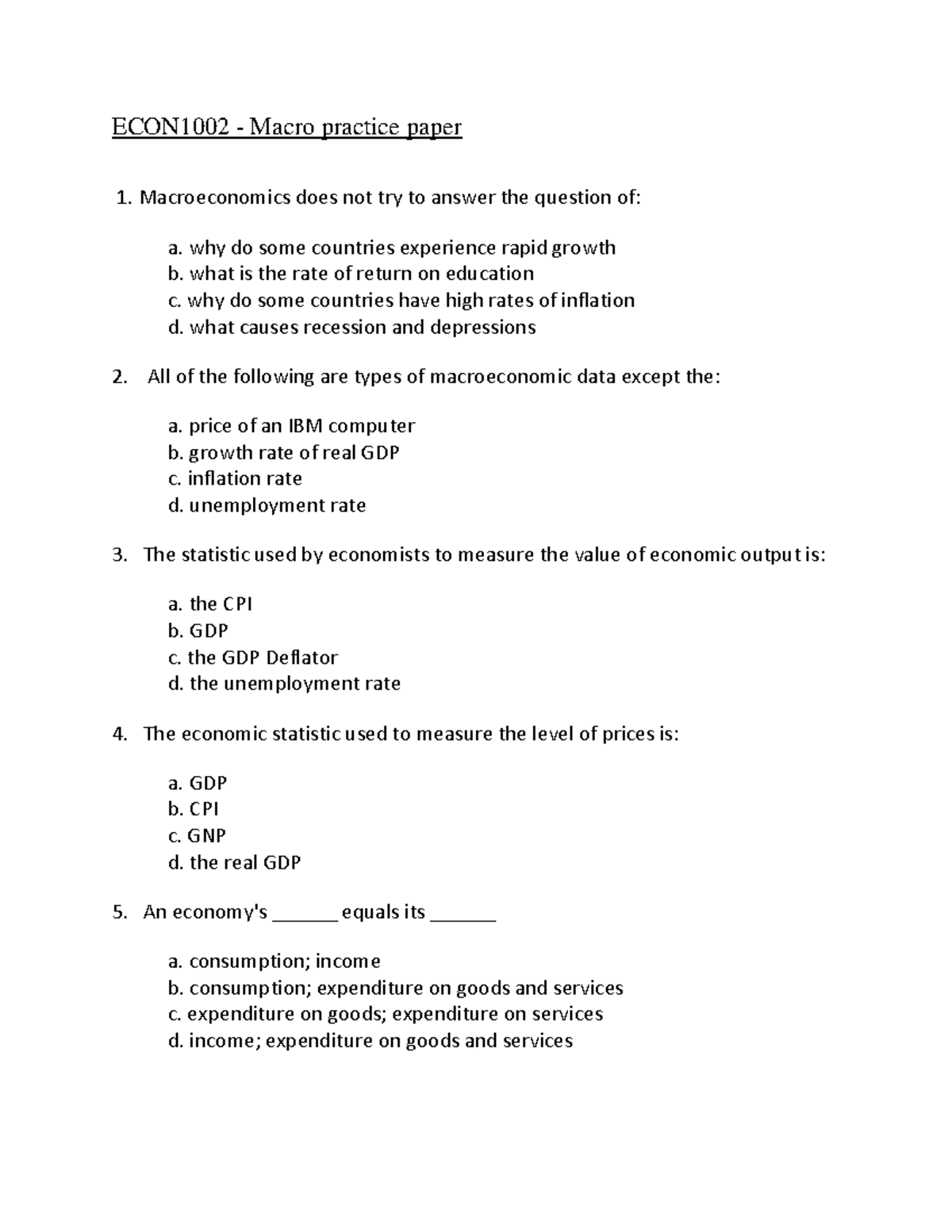 ECON1002 - Macro Practice Paper - ECON1002 Macro practice paper 1 ...
