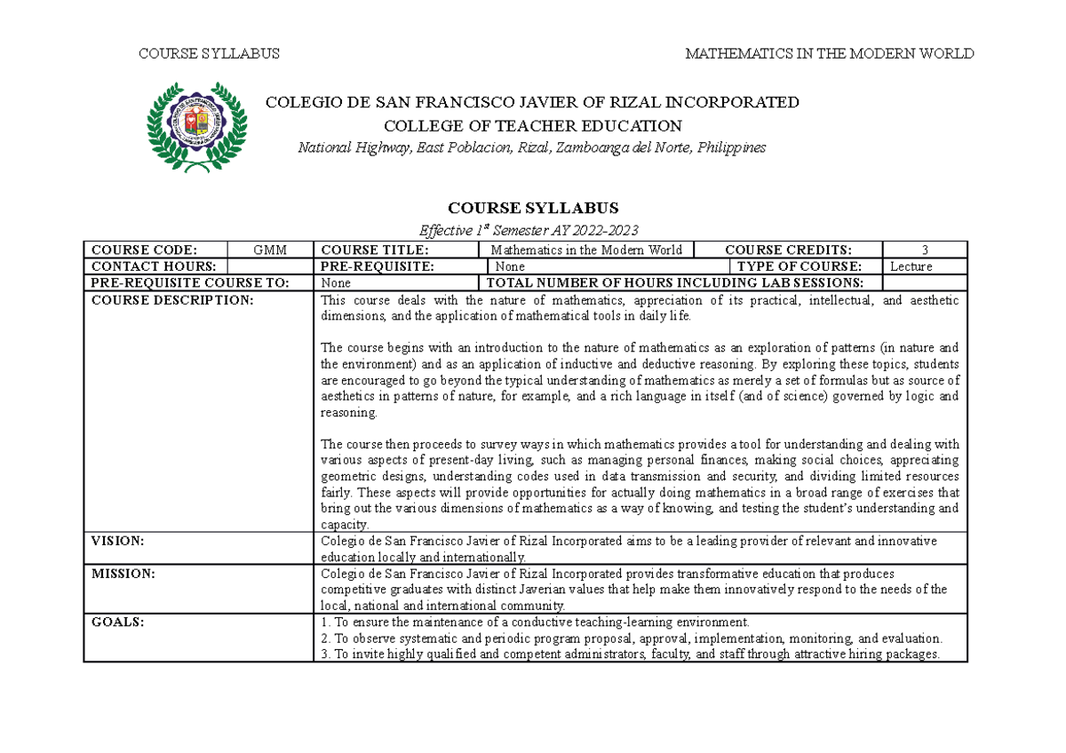 Course Syllabus MATH001 Mathematics in the Modern World - COLEGIO DE ...