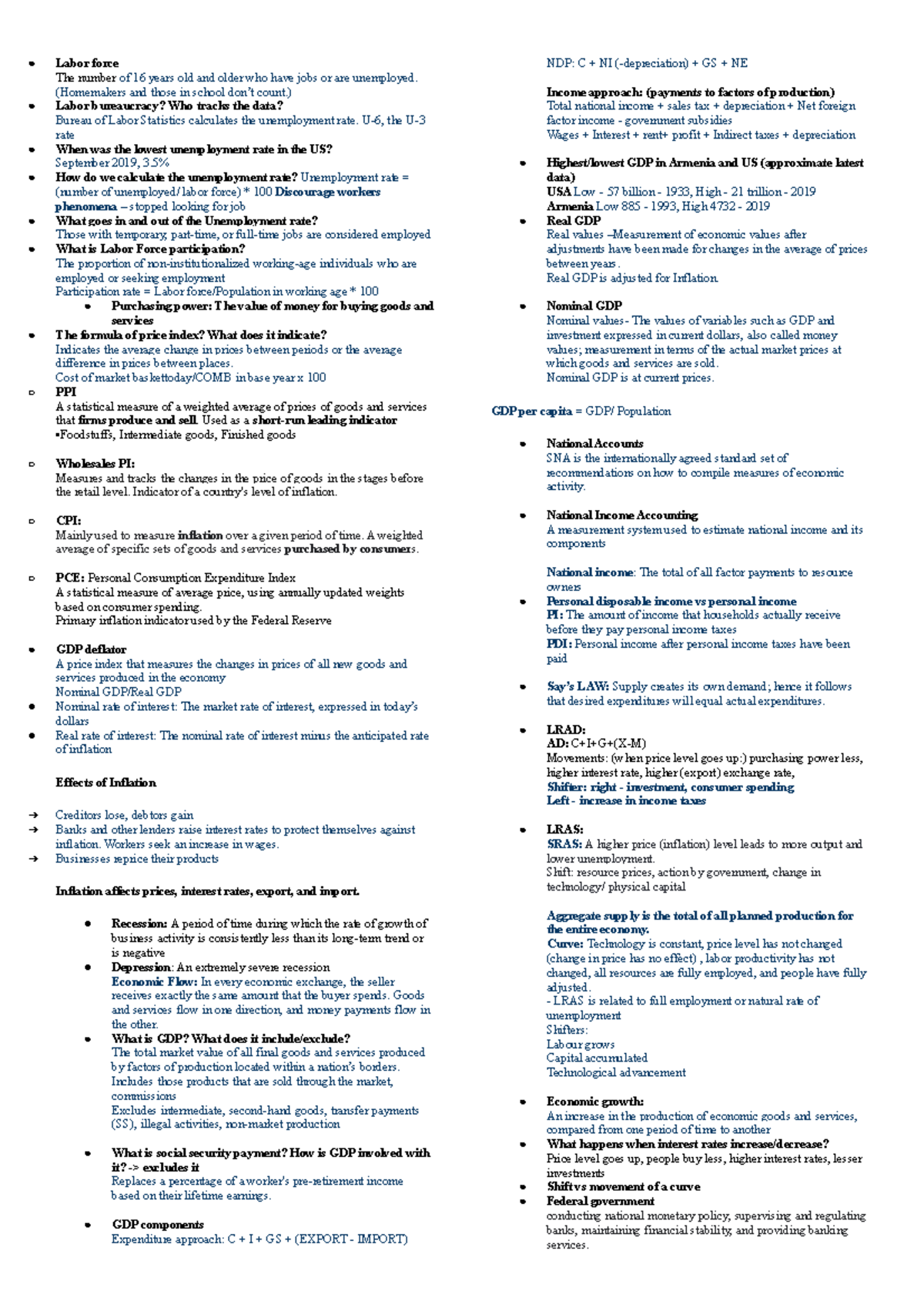 ECON122 Principles of Macroeconomics - Exam 2 Cheat sheet - Labor force ...
