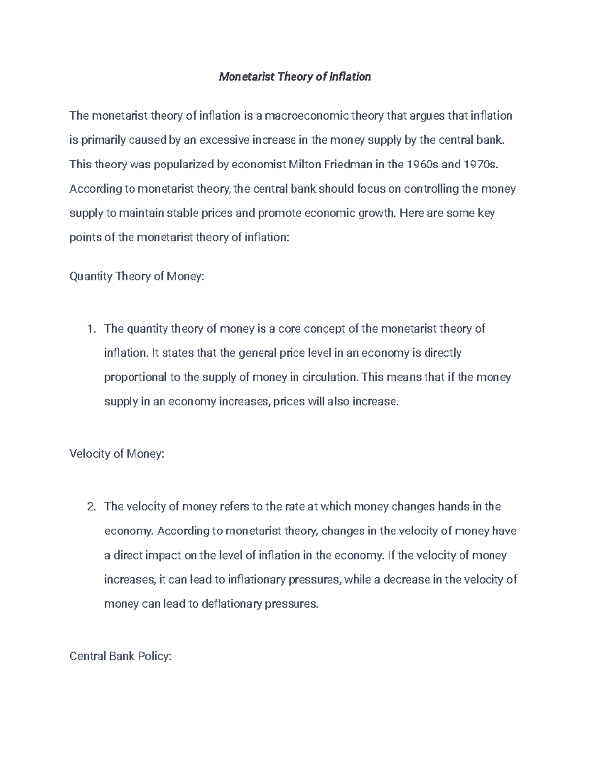 Notes on Monetarist Theory of Inflation - Monetarist Theory of ...