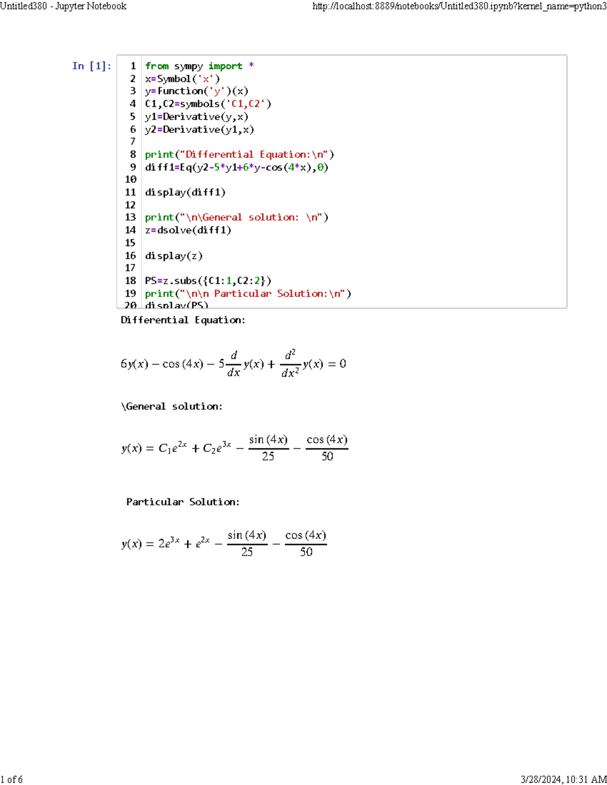 CG004 - In [1]: Differential Equation: \General solution: Particular ...