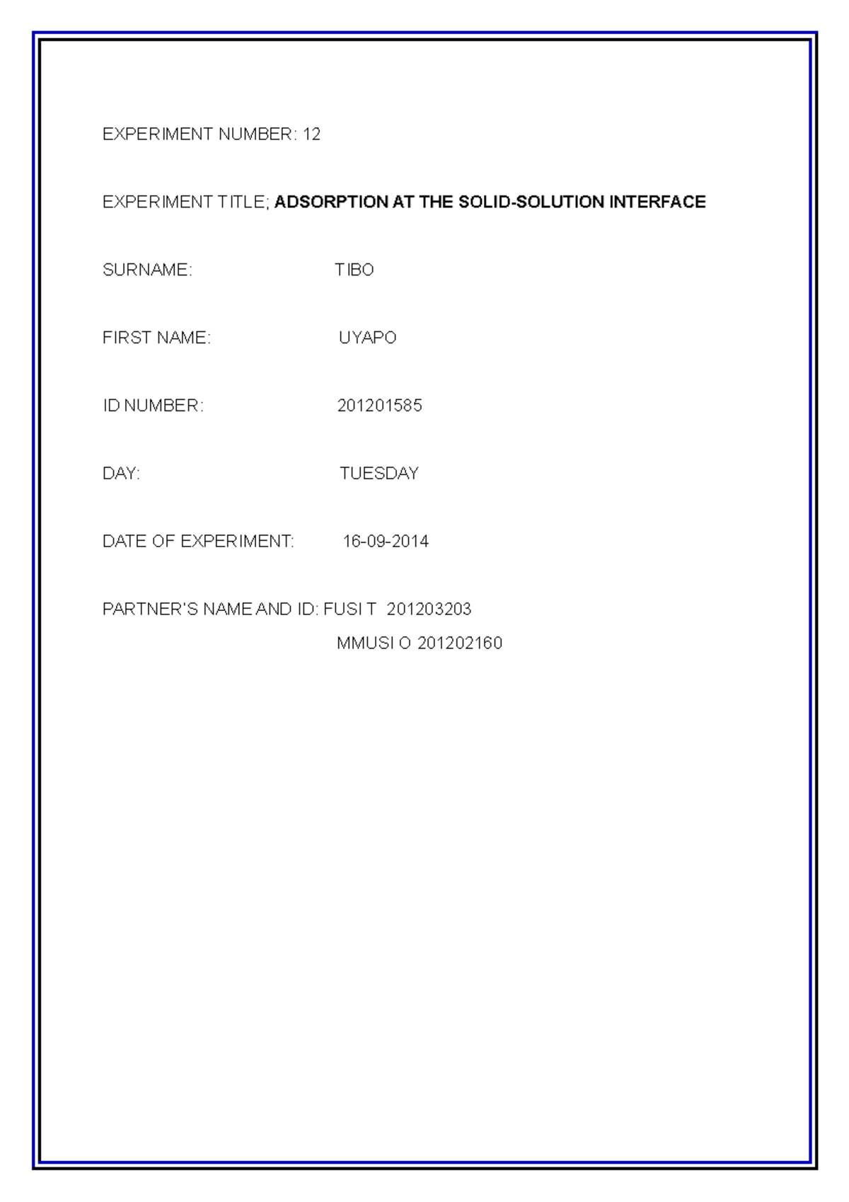 Exp 12 ADSORPTION AT THE SOLID- SOLUTION INTERFACE - EXPERIMENT NUMBER ...