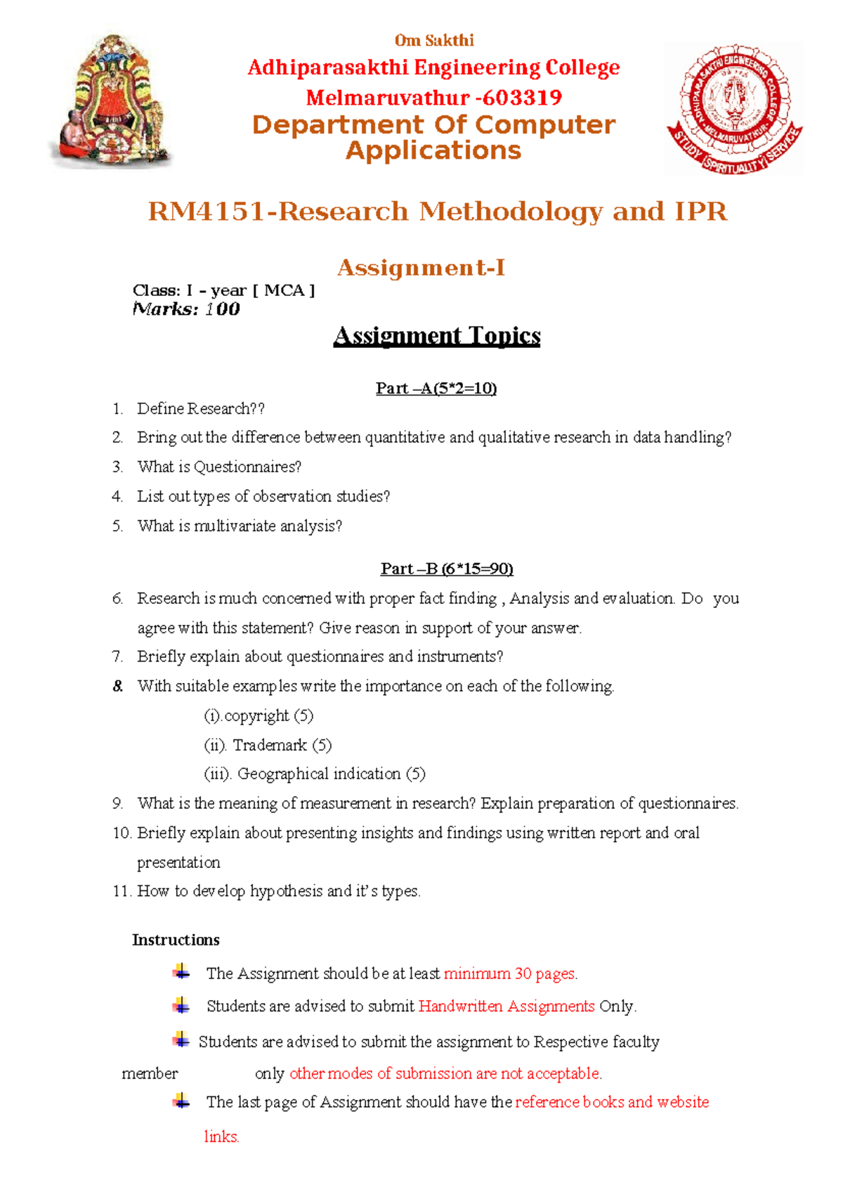 Assignment Rm 100 Marks - Om Sakthi Adhiparasakthi Engineering College Melmaruvathur ...