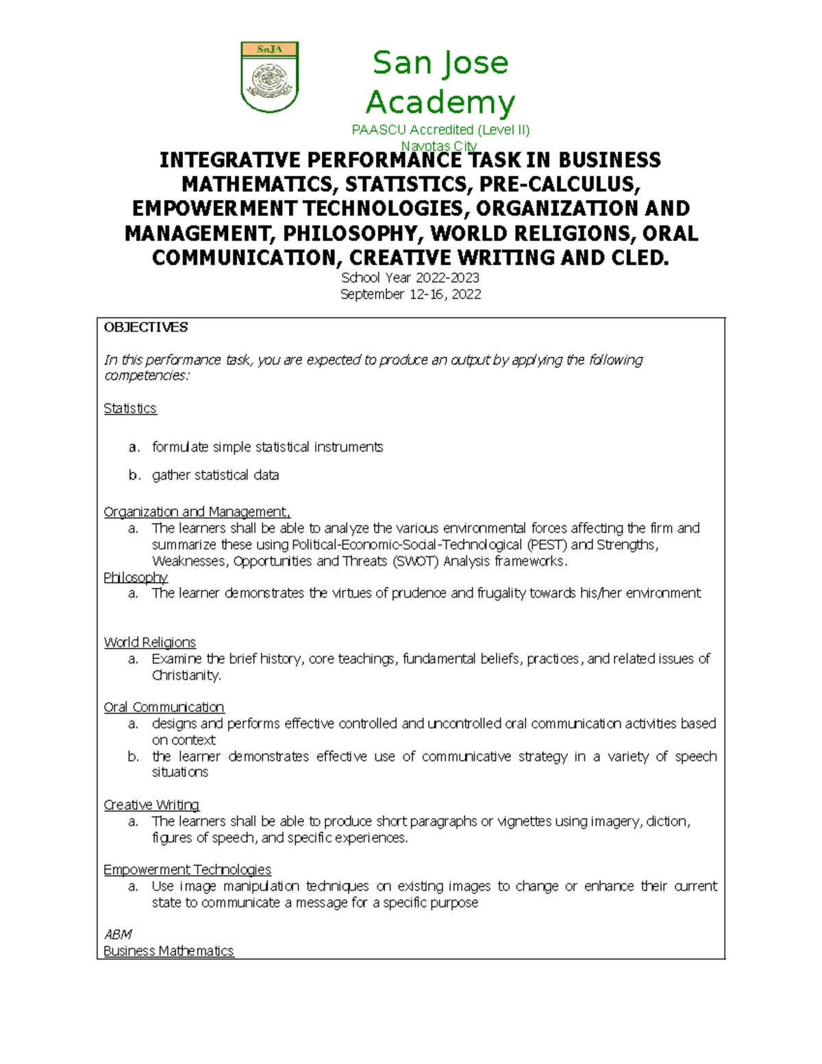 1st-Qtr-Integrative-Peta Grade-11 - INTEGRATIVE PERFORMANCE TASK IN ...