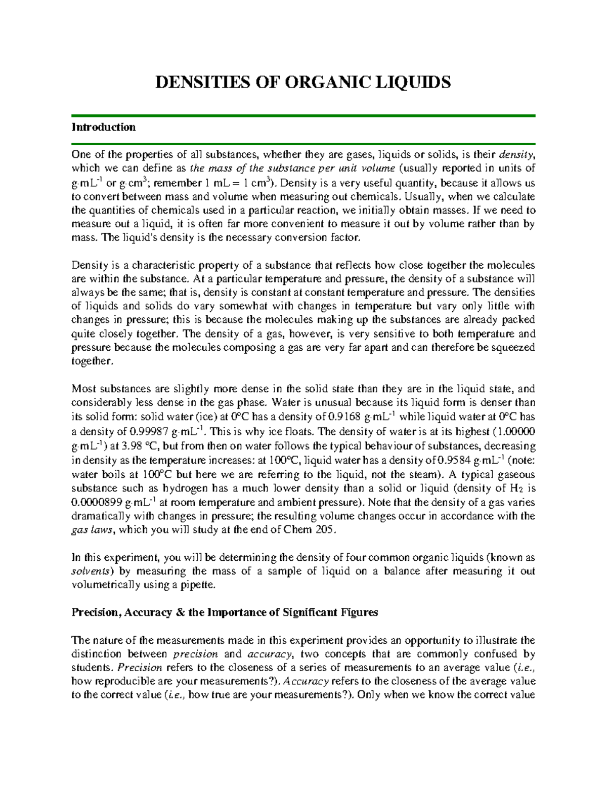 LAB 1 Densities OF Organic Liquids - DENSITIES OF ORGANIC LIQUIDS ...