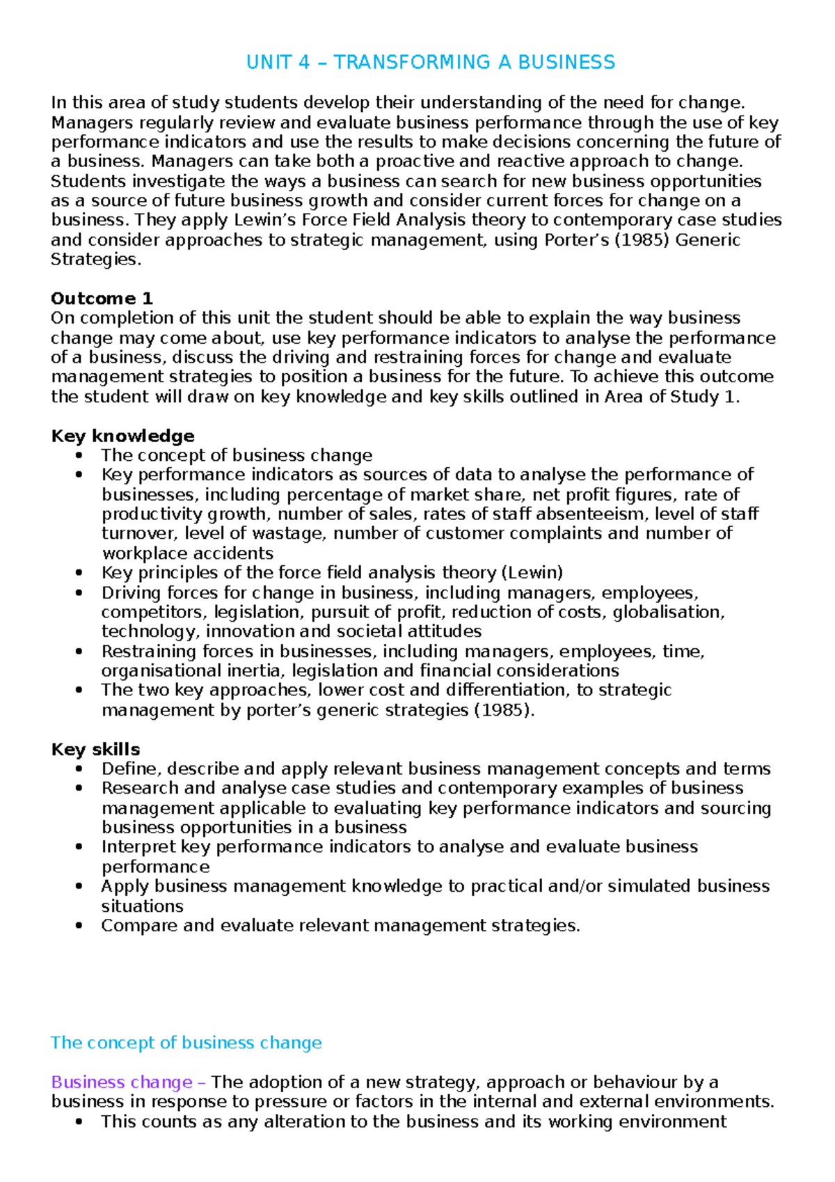 Busmanm U4 AOS1 Notes - UNIT 4 – TRANSFORMING A BUSINESS In this area ...
