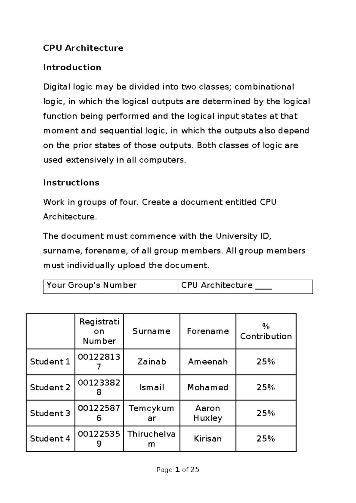 CPU Architecture Laboratory 2022 - CPU Architecture Introduction Digital logic may be divided ...