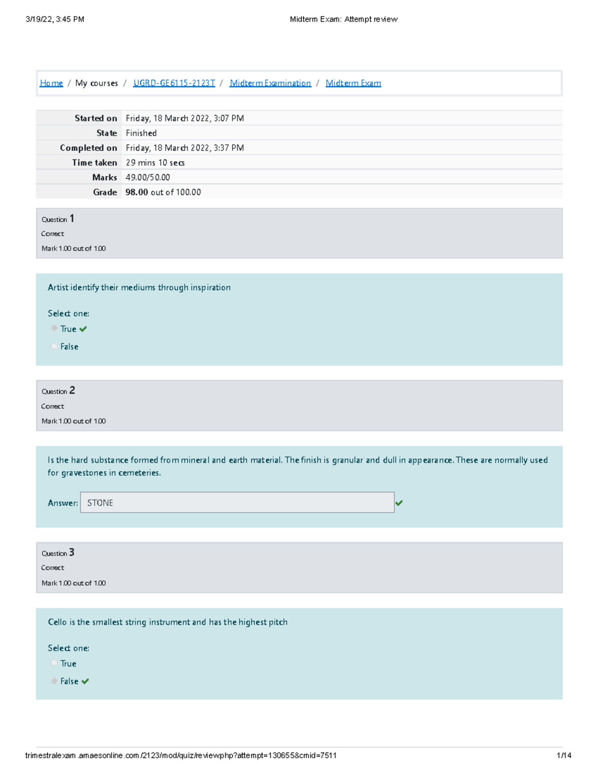 Midterm Exam 2 Attempt review ARTS Appreciation - Art Appreciation ...