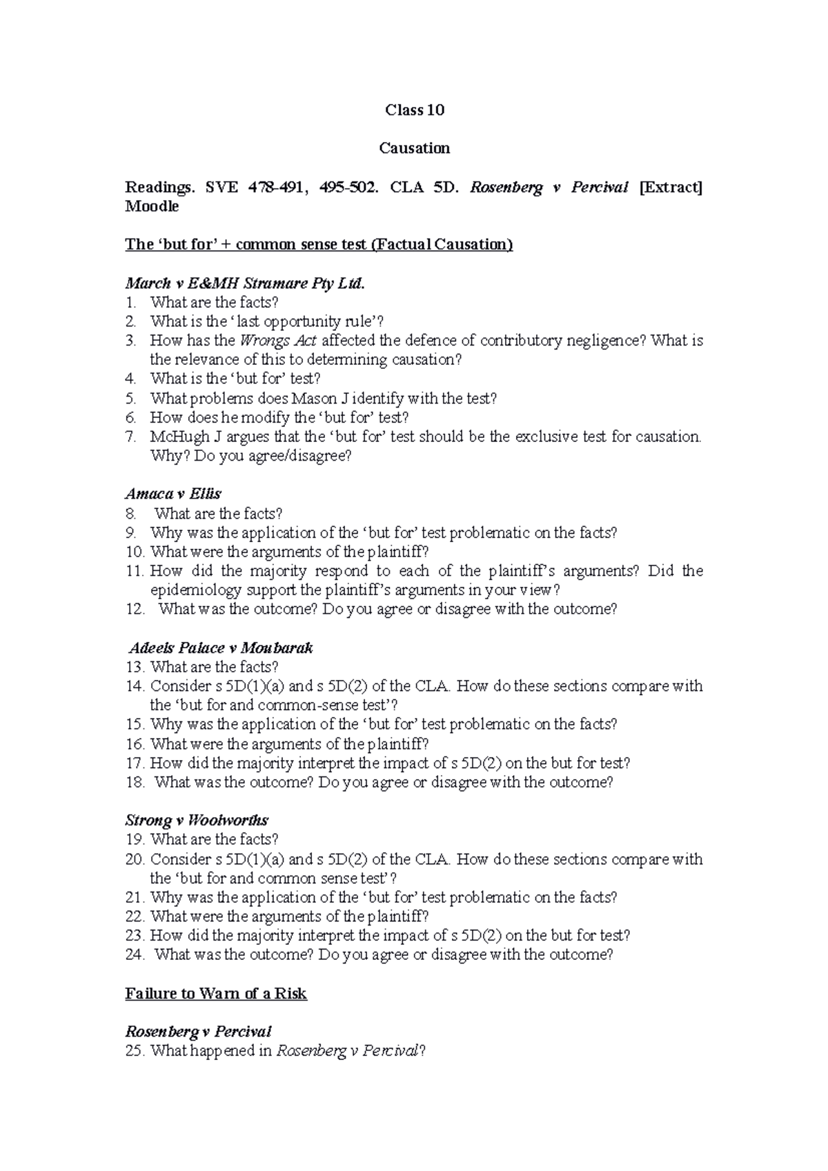Class 10. The But For test - Class 10 Causation Readings. SVE 478-491 ...
