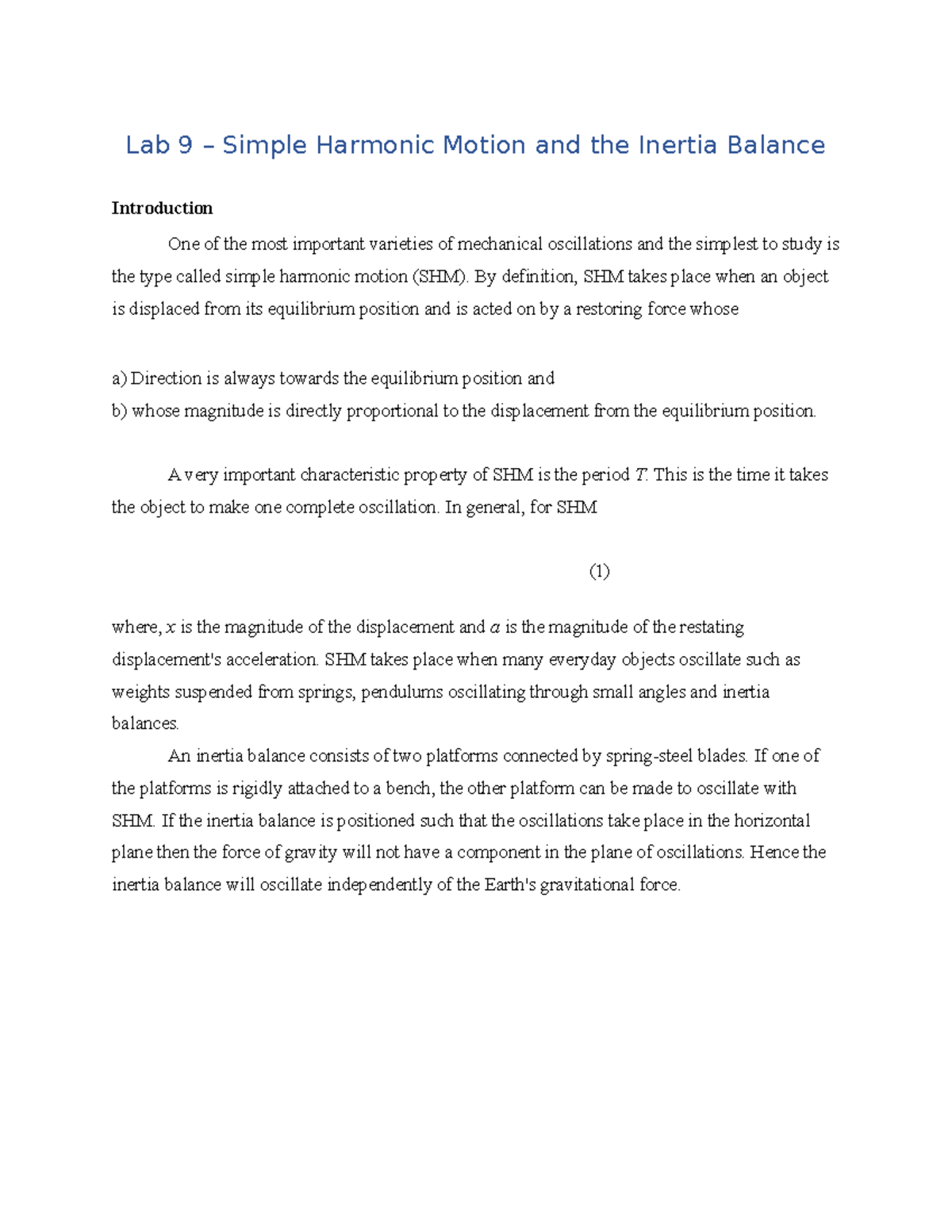 PHYS 223 Lab 9 - lab reports - Lab 9 – Simple Harmonic Motion and the ...