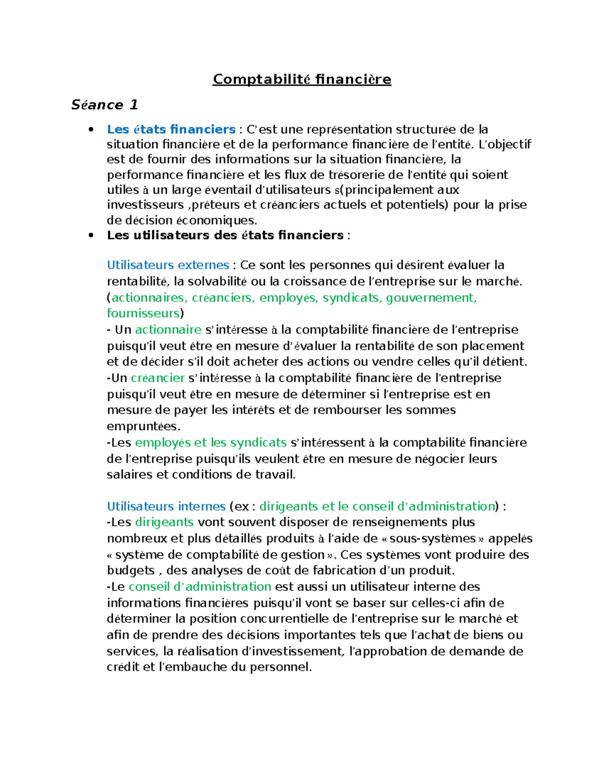 Notes de cours compta 1 à 5 - Comptabilité financière Séance 1 Les ...
