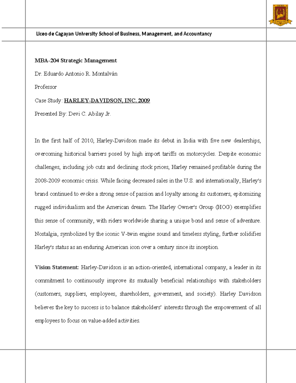 Case Study - Written report - MBA-204 Strategic Management Dr. Eduardo ...
