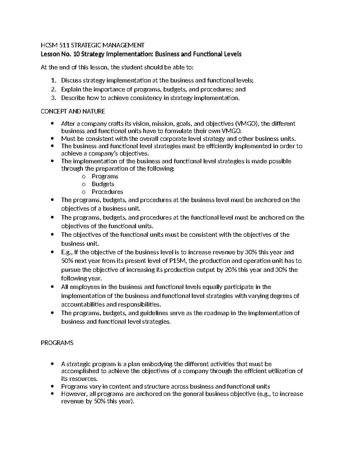 Strategic- Management-L10 - HCSM 511 STRATEGIC MANAGEMENT Lesson No. 10 ...