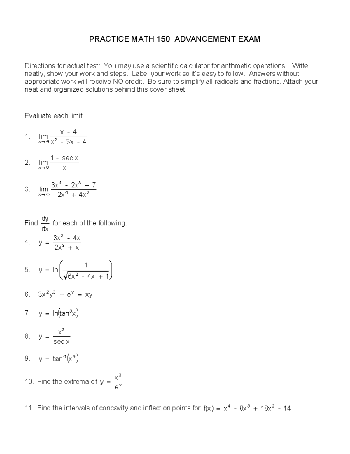 MATH150 sample exam - good material. - PRACTICE MATH 150 ADVANCEMENT ...