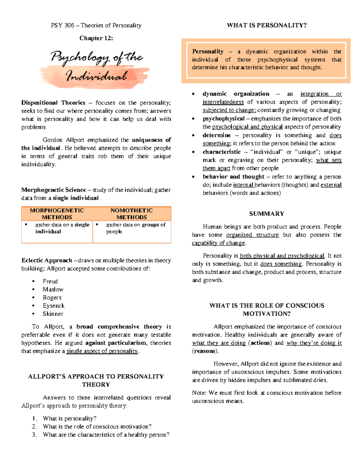 PSY 306 Chapter 12 Reviewer - PSY 306 – Theories of Personality Chapter ...