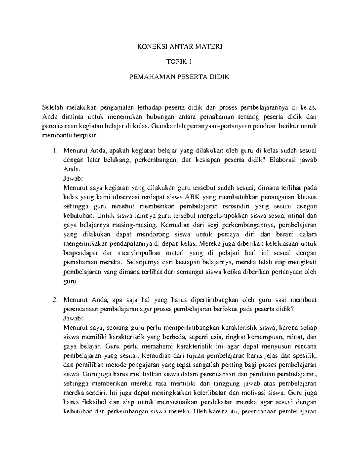 Koneksi Antar Materi Topik 1 Pemahaman peserta didik - KONEKSI ANTAR MATERI TOPIK 1 PEMAHAMAN ...