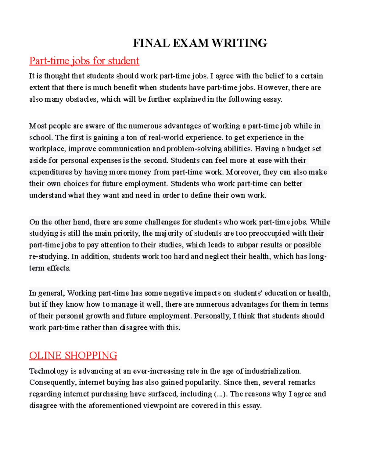 Final-EXAM- Writing - FINAL EXAM WRITING Part-time jobs for student It ...