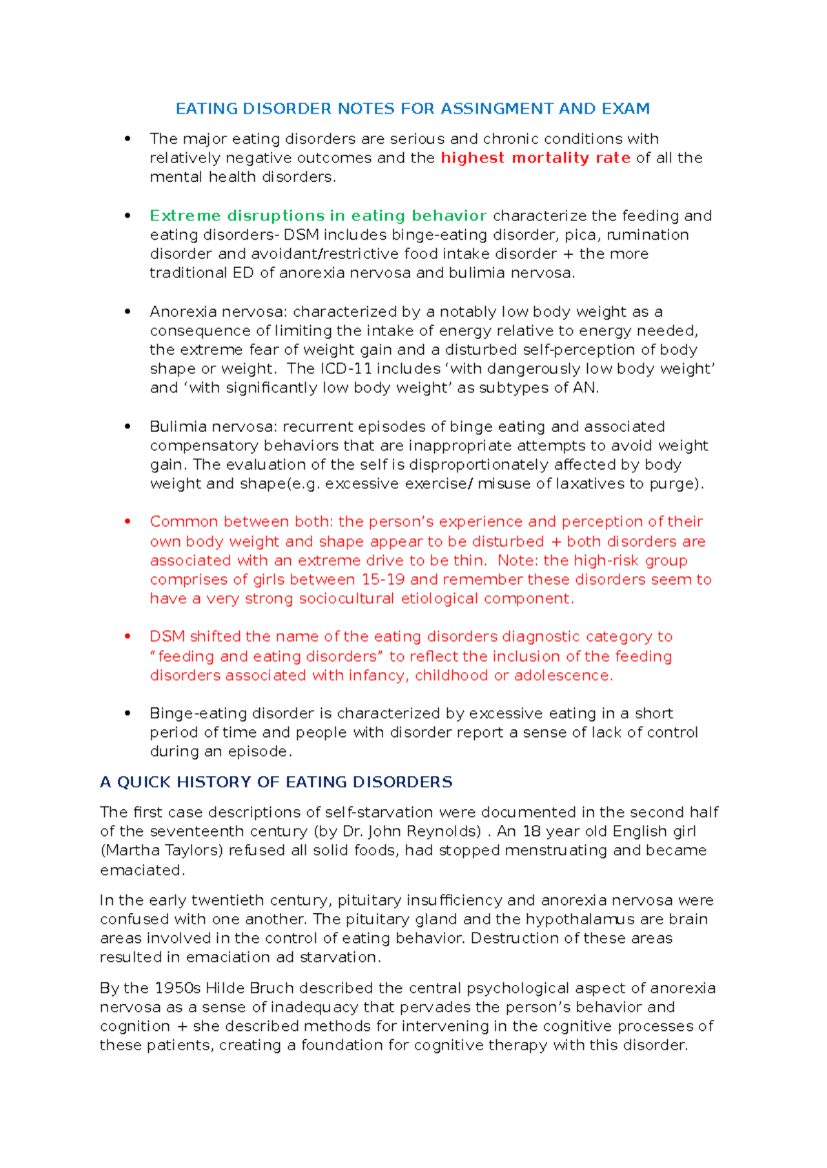 Eating Disorder Notes FOR Assingment AND EXAM - EATING DISORDER NOTES ...
