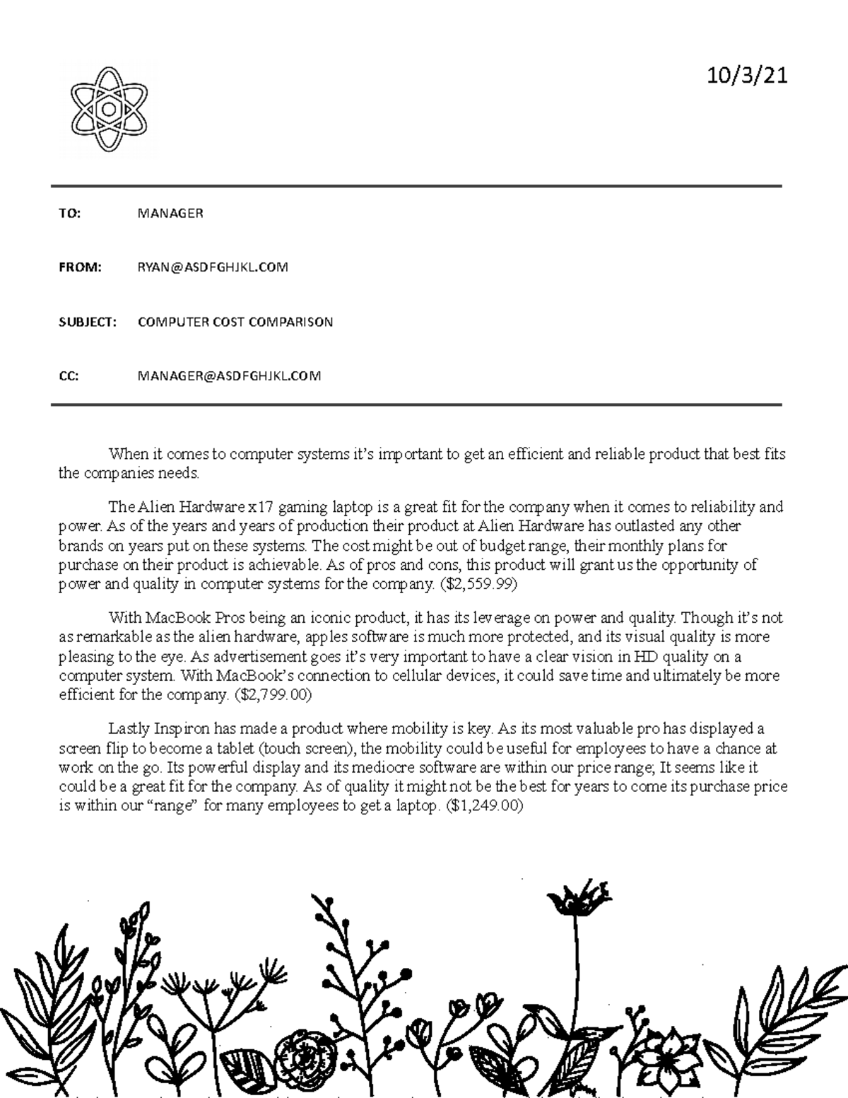 Computer Memo BIT-200 - 10/3/ TO: MANAGER FROM: RYAN@ASDFGHJKL SUBJECT ...