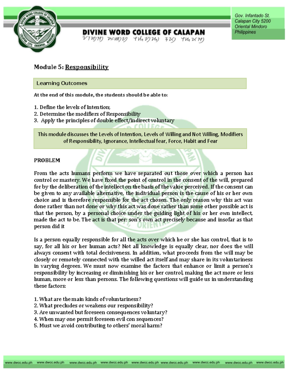 Module 5 second quarter - Module 5: Responsibility At the end of this ...