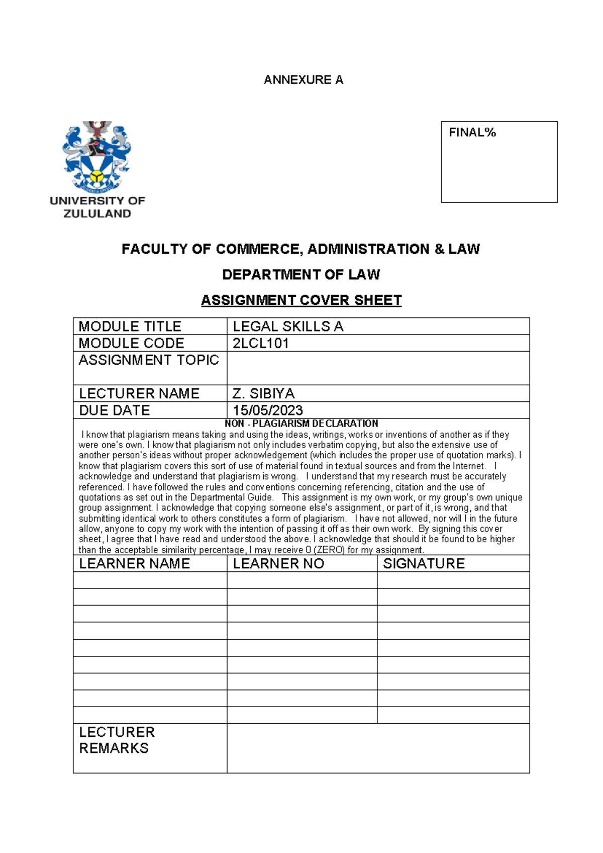 Legal Skills Group Assignment Cover Page - FINAL% ANNEXURE A FACULTY OF ...