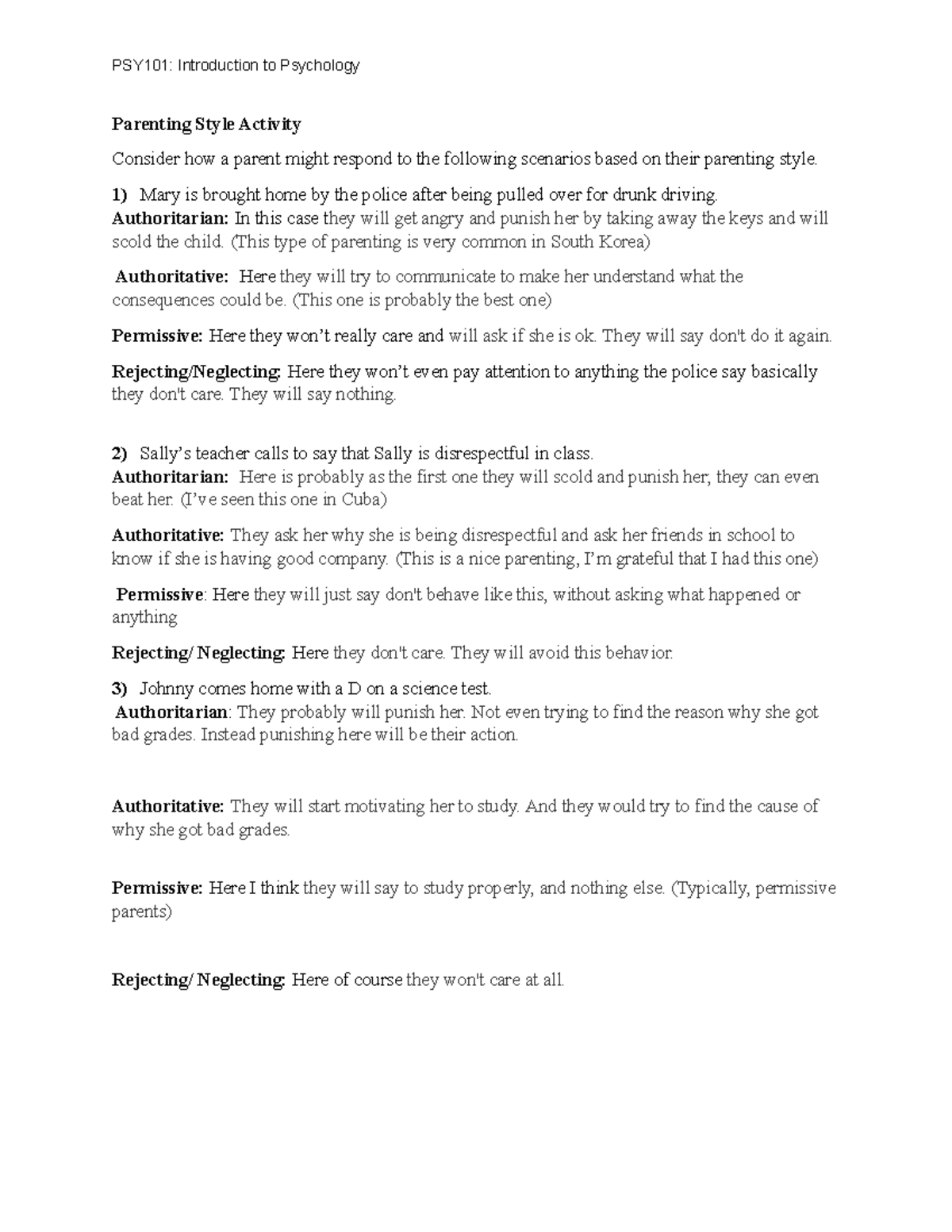 3. Parenting Style Activity - PSY101: Introduction to Psychology ...