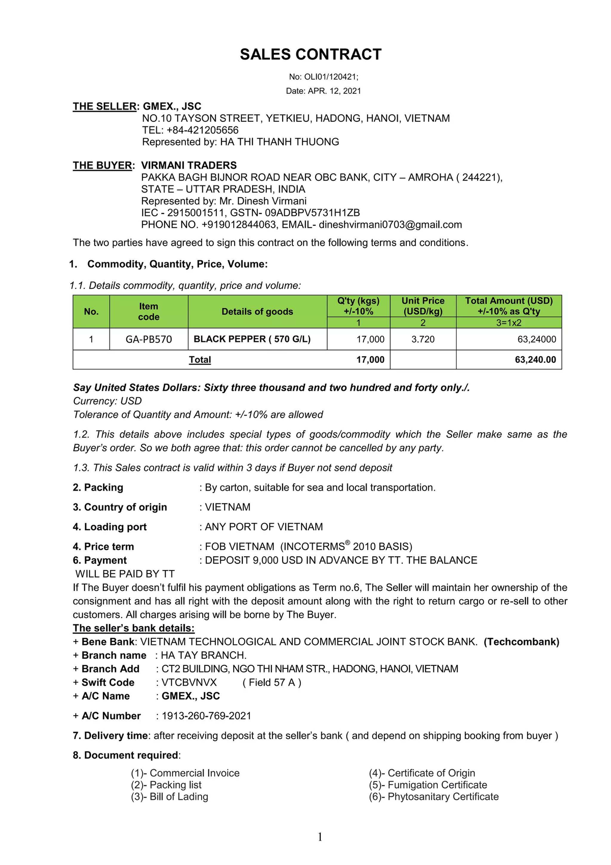 Sale contract example - Financial Management - Studocu
