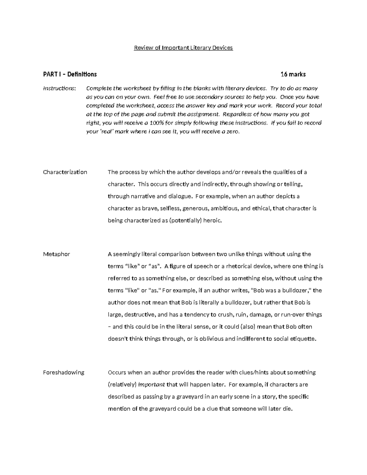 Review of Major Literary Devices 4U answer key - Review of Important ...