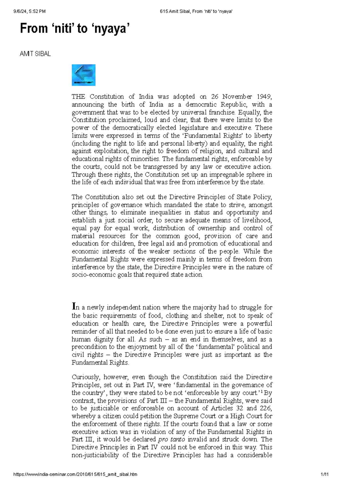 Amit Sibal, From 'niti' to 'nyaya' - From ‘niti’ to ‘nyaya’ AMIT SIBAL THE Constitution of India ...