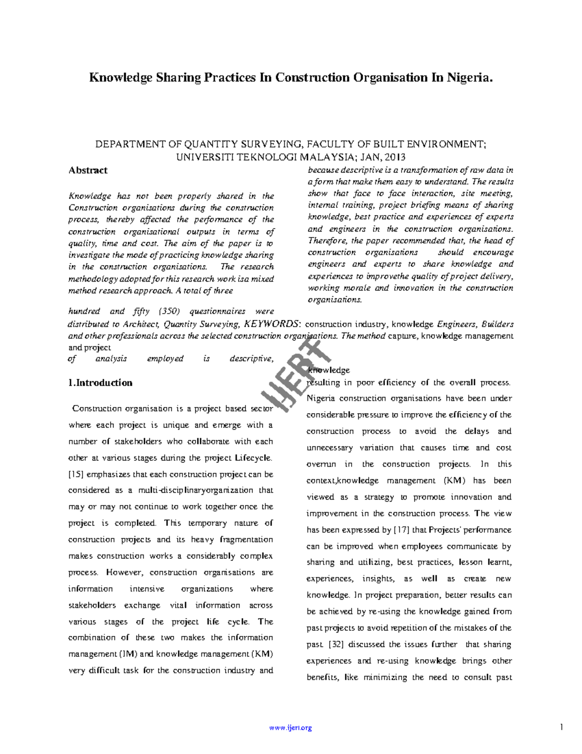 Knowledge sharing practices in construction organization in nigeria ...