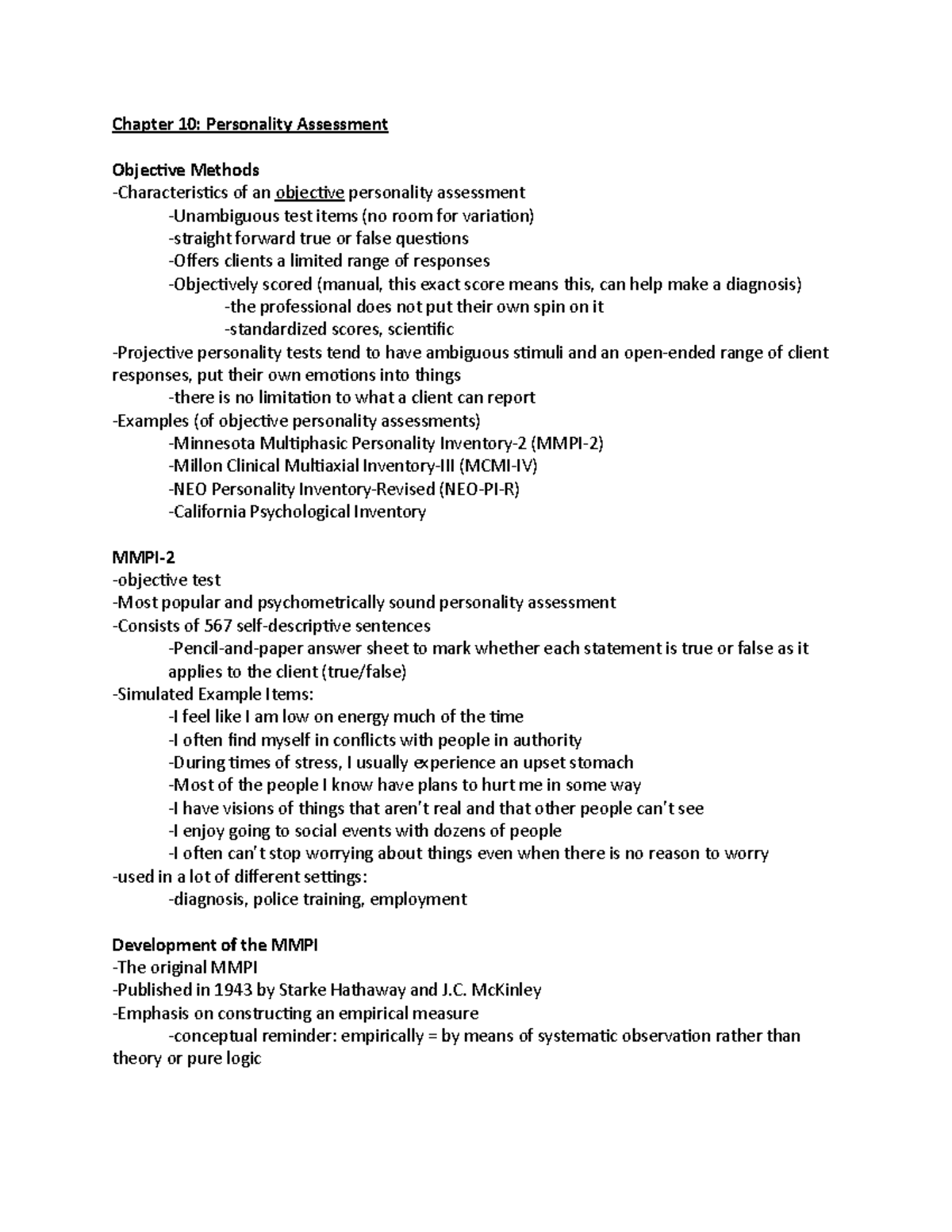 Chapter 10 Lecture Notes - Chapter 10: Personality Assessment Objective ...