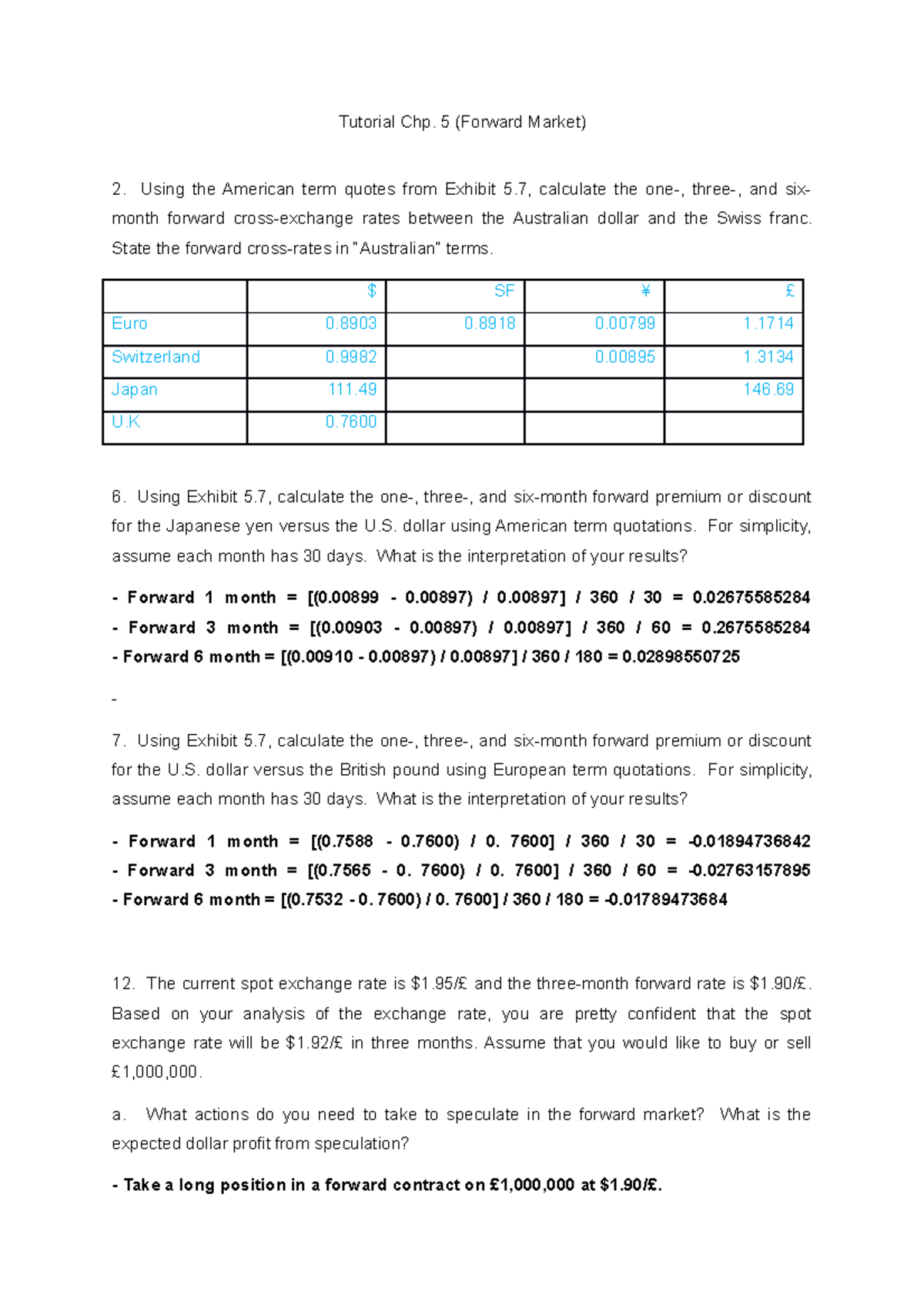 Tutorial 3 Forex Forward Questions - Tutorial Chp. 5 (Forward Market ...
