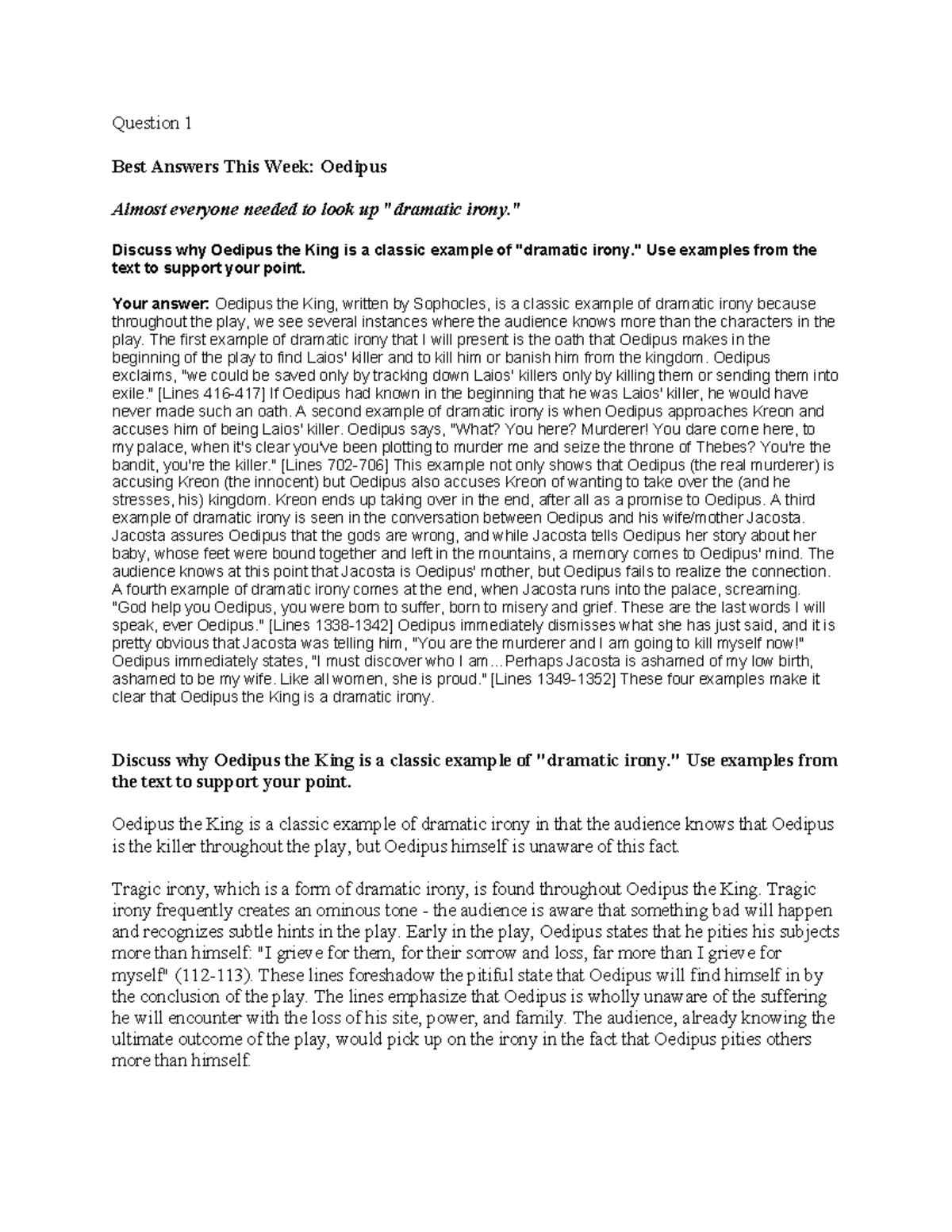 Oedipus answers - Question 1 Best Answers This Week: Oedipus Almost ...