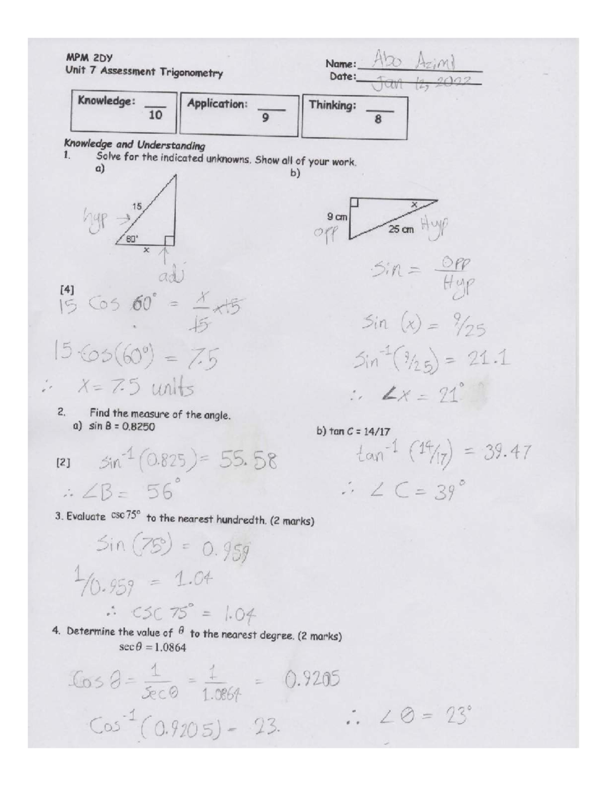 Unit 7 Math Test - unit 7 math test (with solutions) - MPM 2DY Name ...