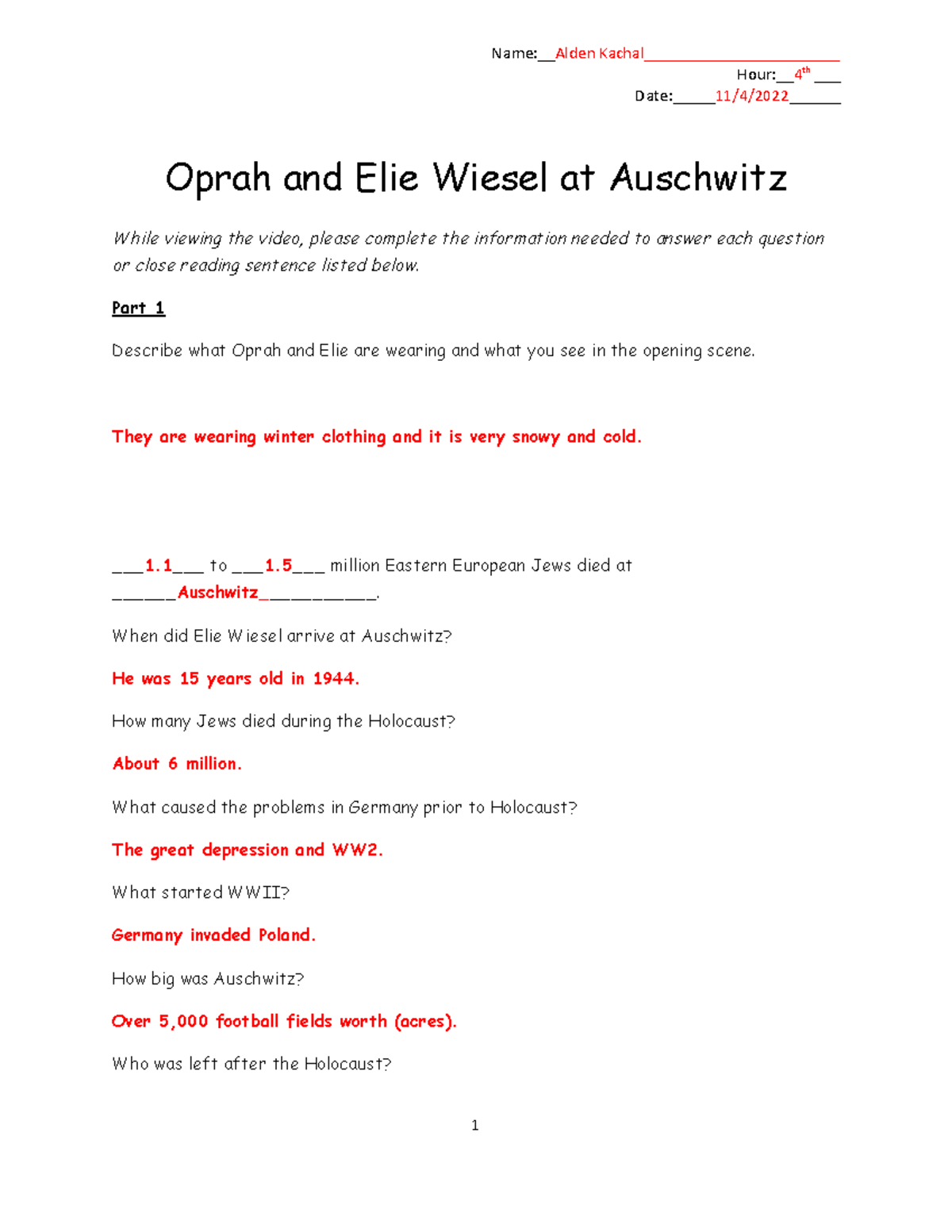 Oprah elie wiesel at auschwitz - Hour:__ 4 th ___ Date:11/4/2022_ Oprah ...
