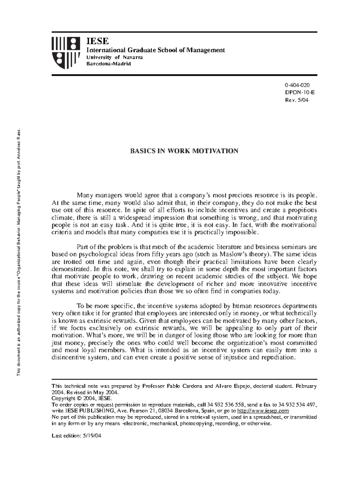 Motivation - BASICS IN WORK MOTIVATION Many managers would agree that a ...