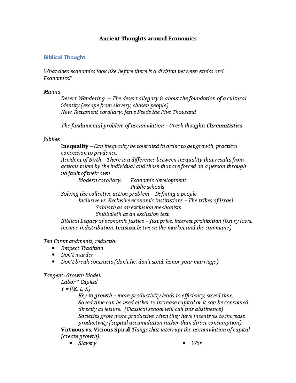 Week One Outline - Handout - Ancient Thoughts around Economics Biblical ...