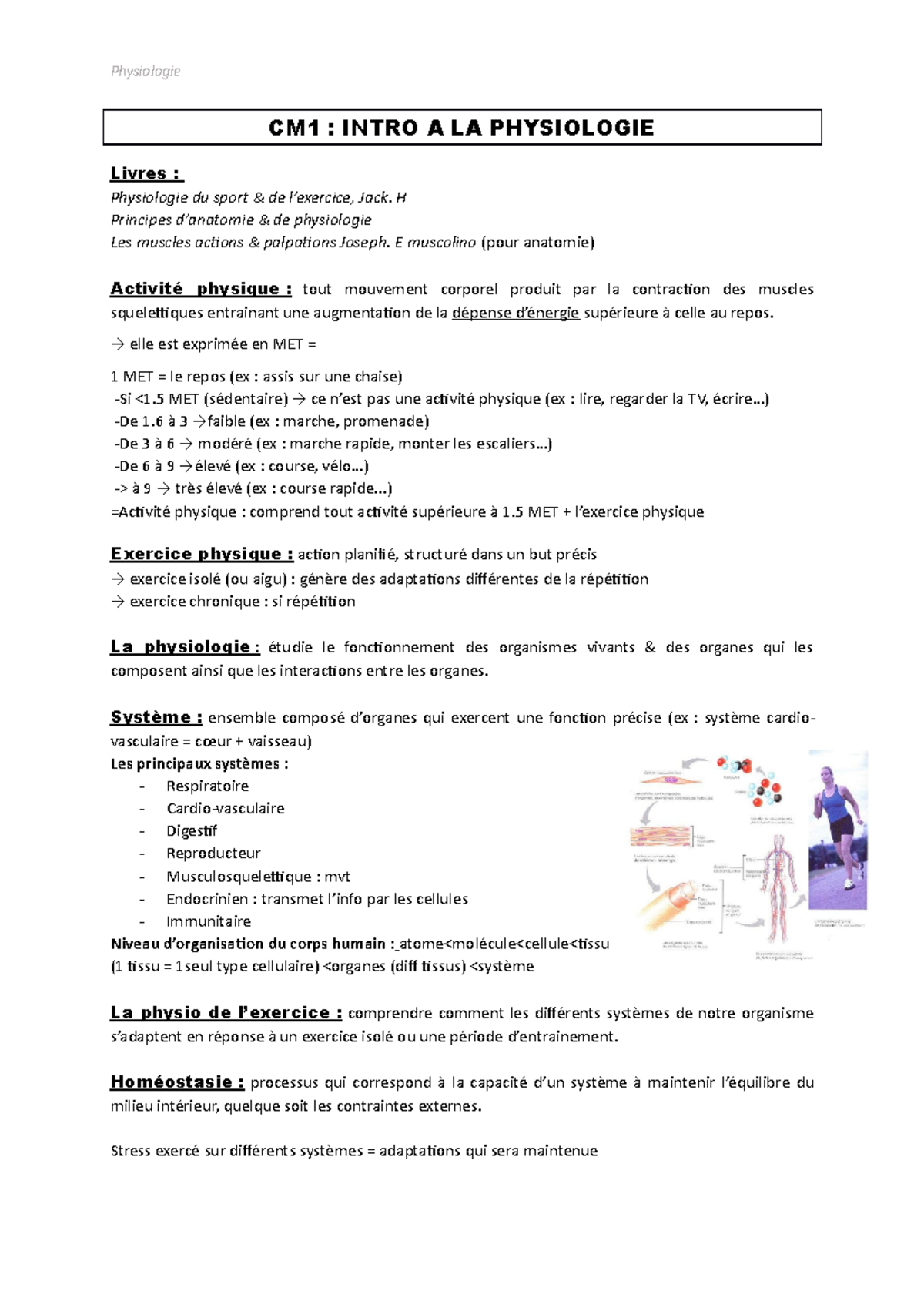 Physio cm1 - Physiologie CM1 : INTRO A LA PHYSIOLOGIE Livres : Physiologie du sport & de - Studocu
