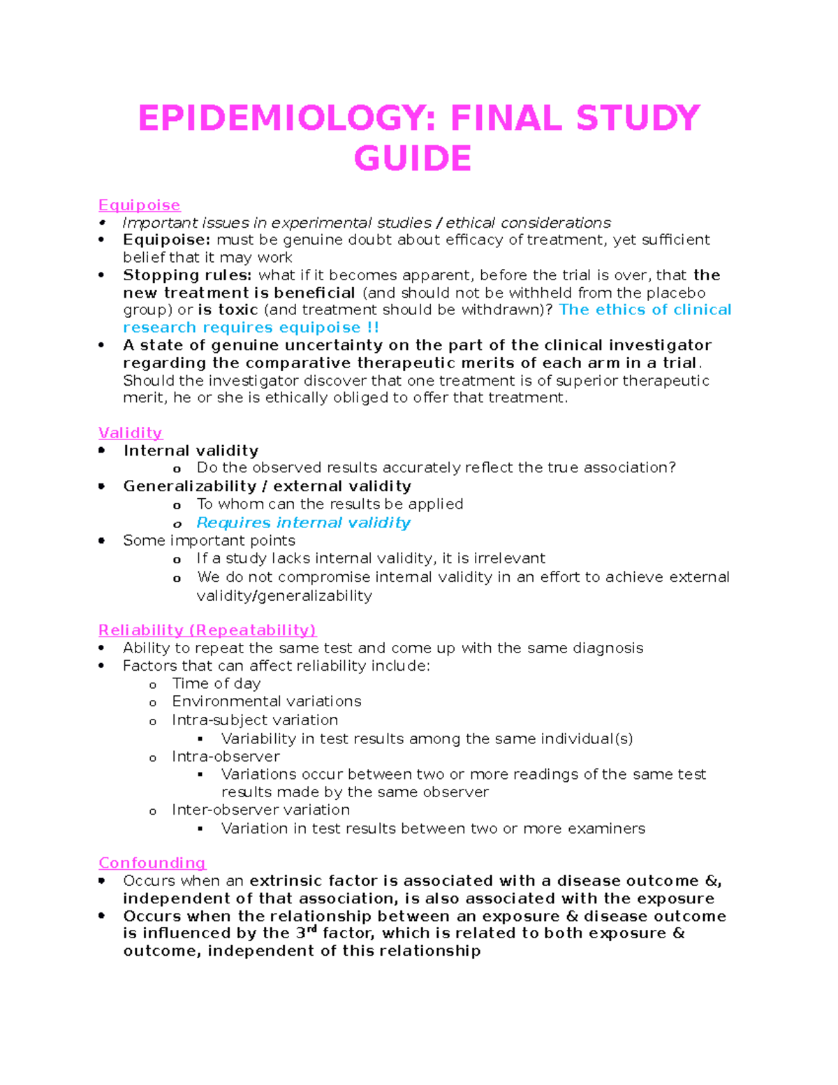 Epi Final Outline - EPIDEMIOLOGY: FINAL STUDY GUIDE Equipoise Important ...