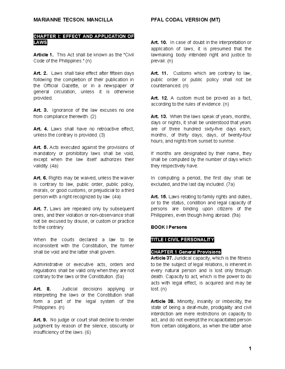 Persons and Family Law Codal - MARIANNE TECSON. MANCILLA PFAL CODAL ...