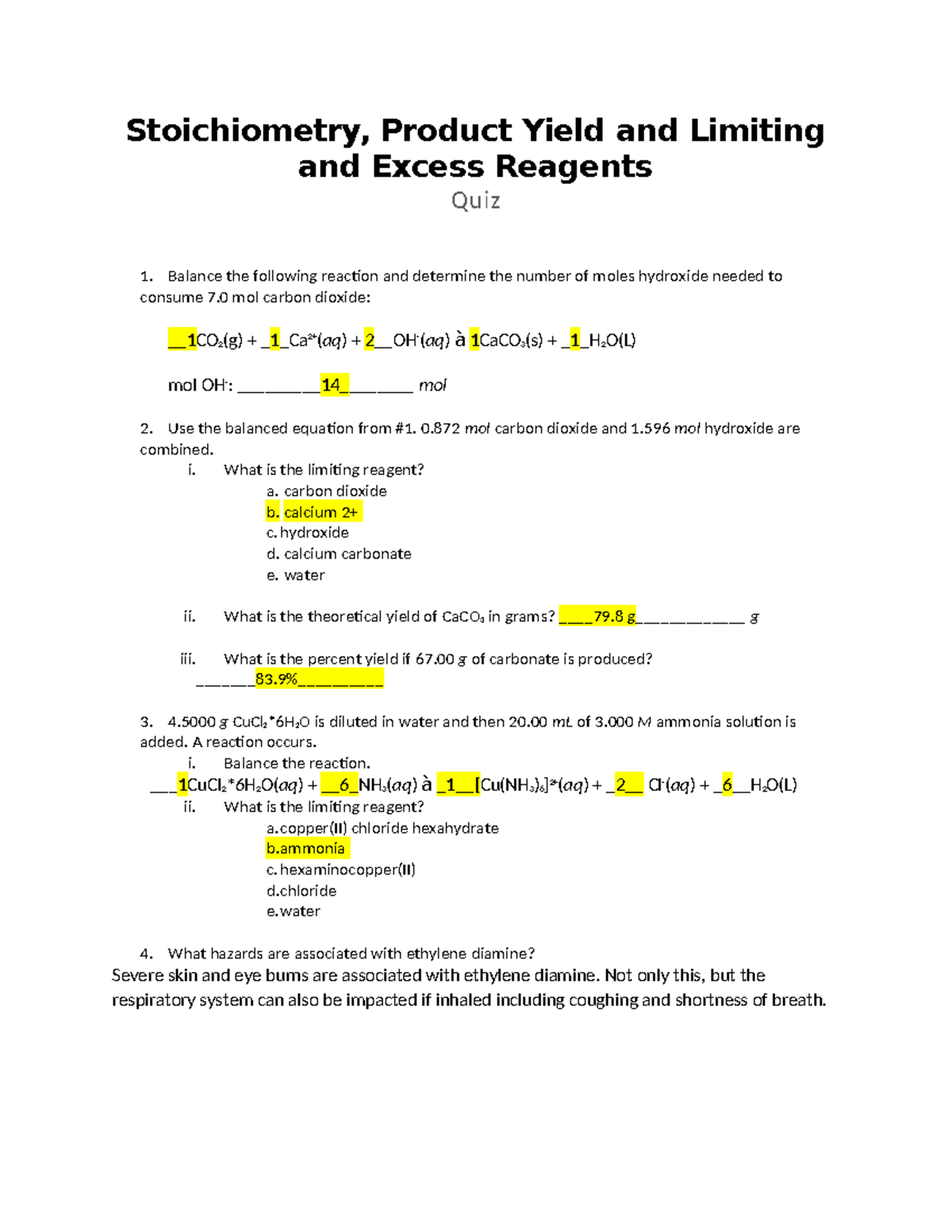 Stoichiometry Quiz - Stoichiometry, Product Yield and Limiting and ...