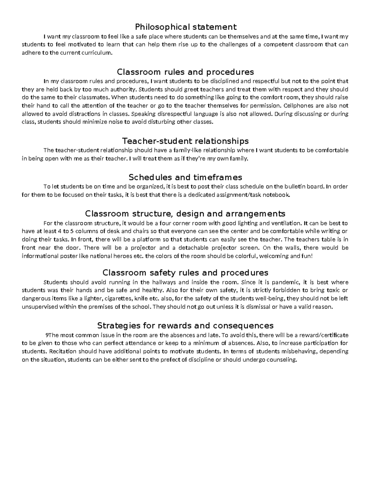 Philosophical statement - Classroom rules and procedures In my ...